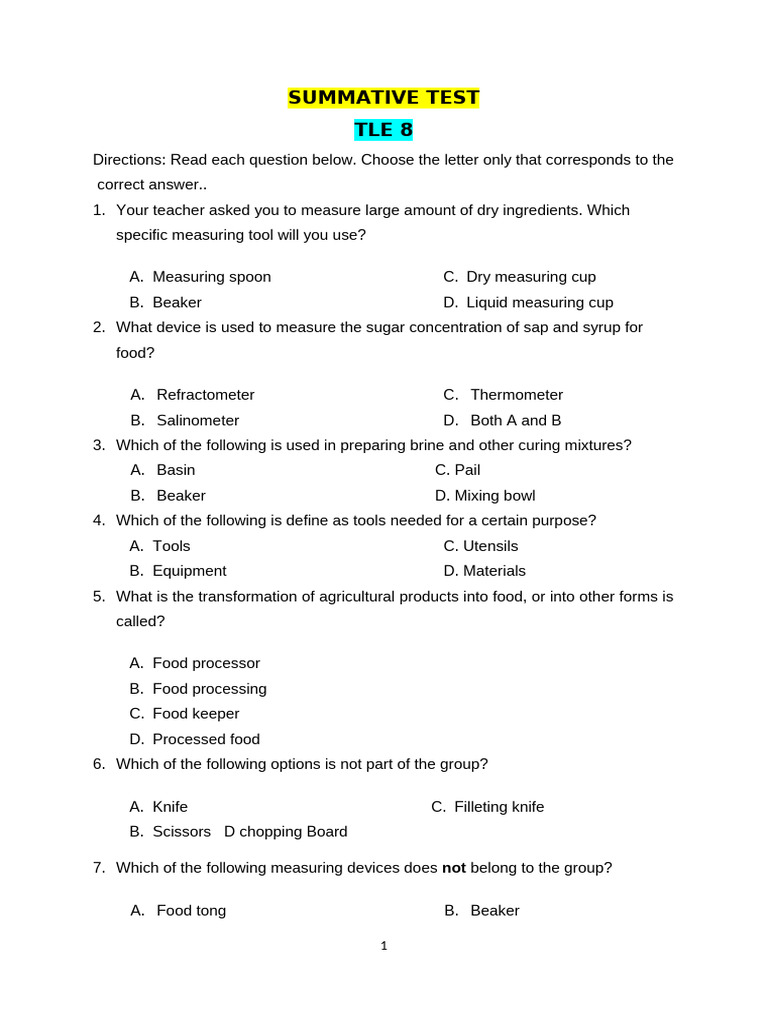 TLE 8 Summative Test on Measuring Tools | PDF | Kitchen Utensil | Spoon
