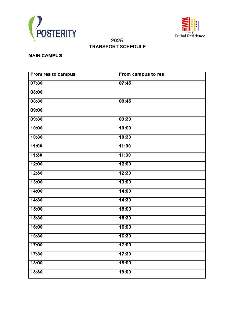 2025 Campus Transport Schedule | PDF