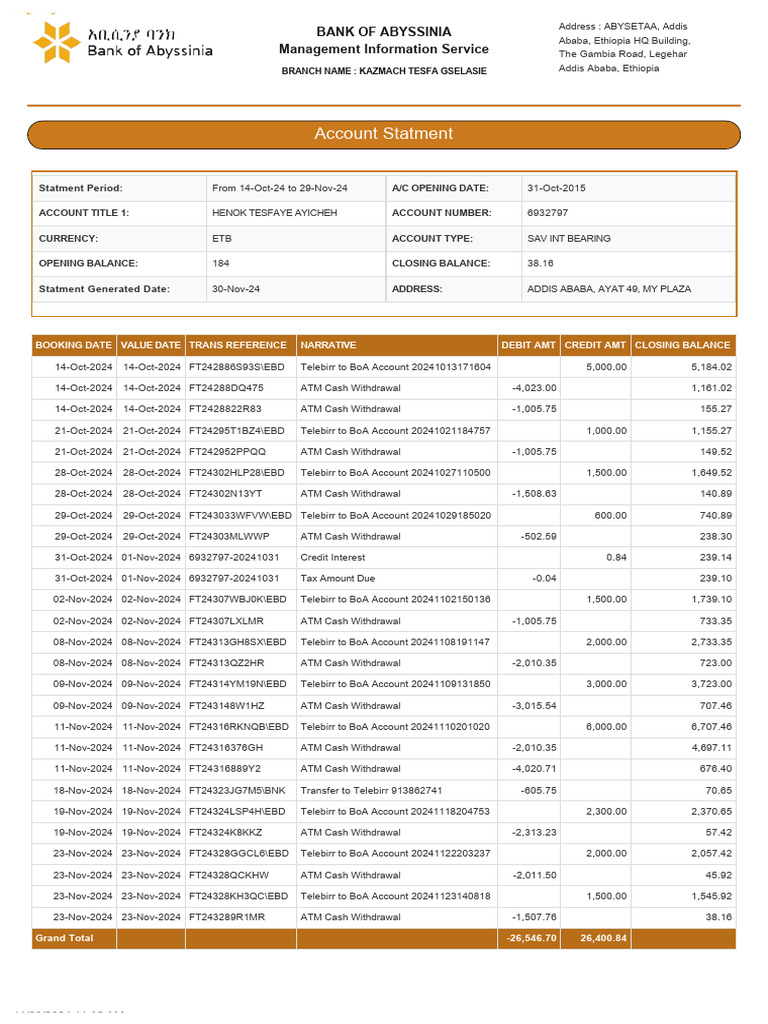 Account Statement - Henok3 | PDF | Cash | Automated Teller Machine