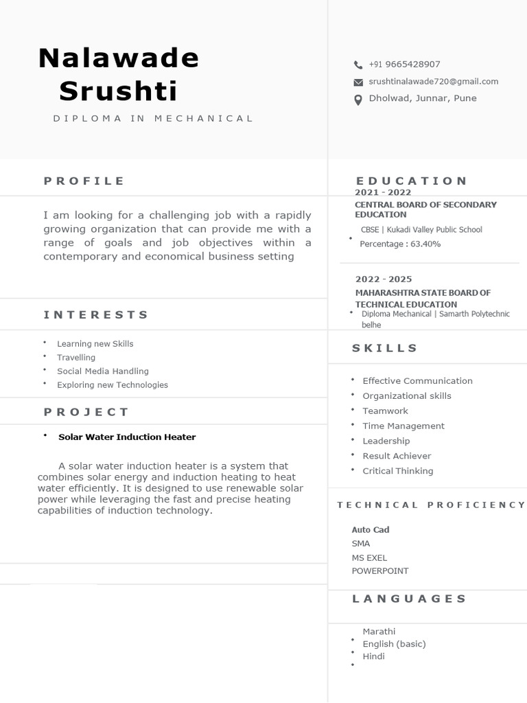 Mechanical Diploma Resume of Srushti Nalawade | PDF | Renewable Energy ...