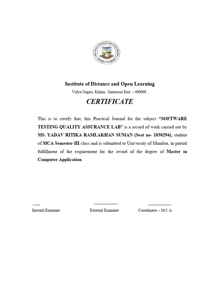 Certificate Software Testing Quality Assurance Lab Ritika | PDF