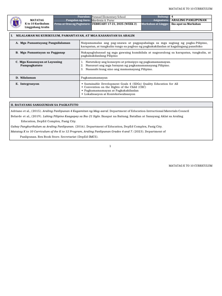 DLL MATATAG _ARALING PANLIPUNAN 4 Q4 W2 | PDF
