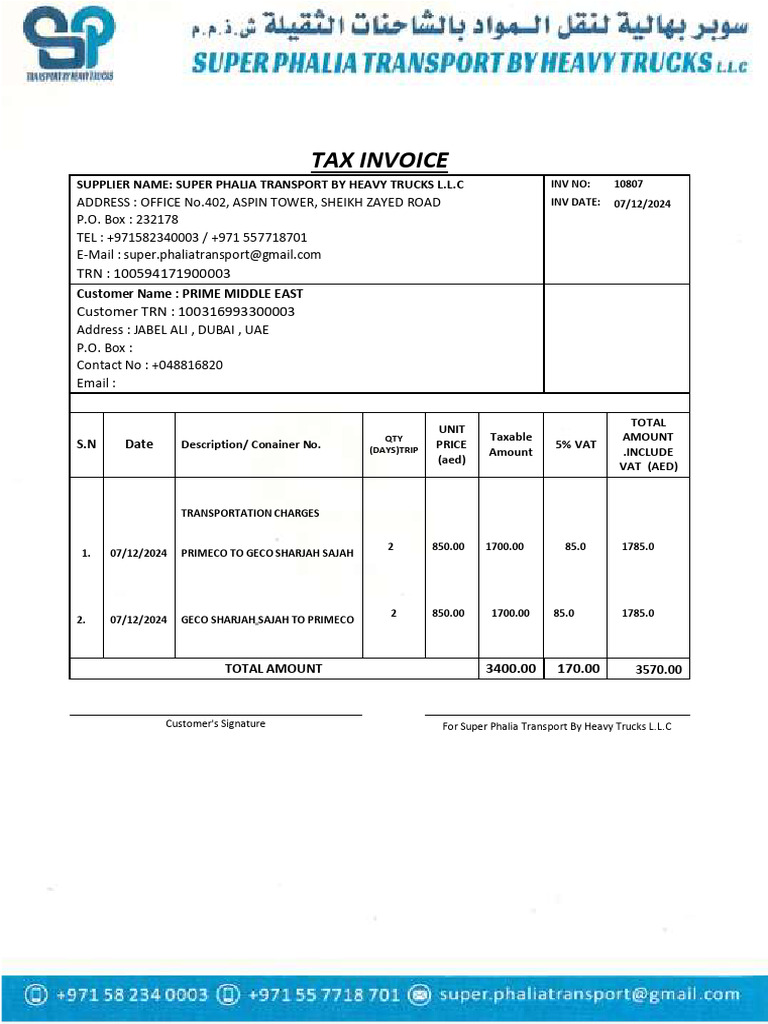 Tax Invoice for Super Phalia Transport | PDF