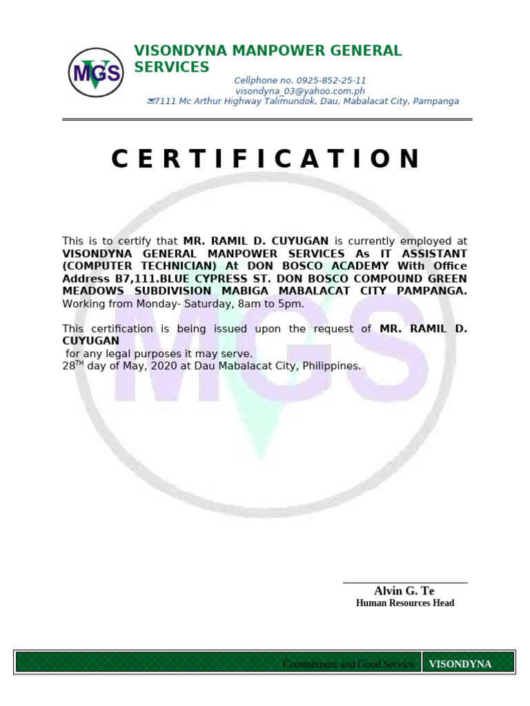 Certification of Employment for Ramil Cuyugan | PDF