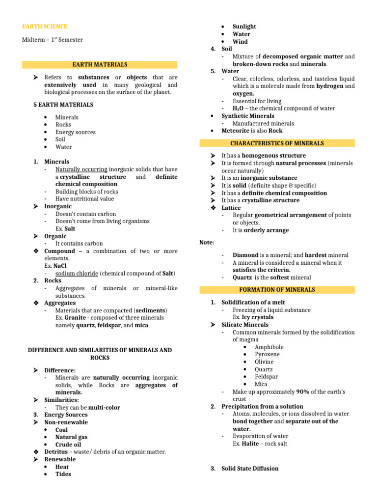 Earth Science - Midterms (1st Semester) | PDF | Minerals | Water