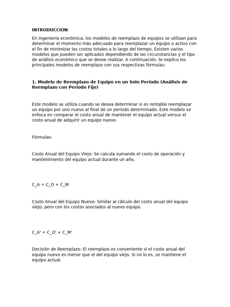 Modelos de Reemplazo de Equipos en Ingeniería | PDF | Economias ...