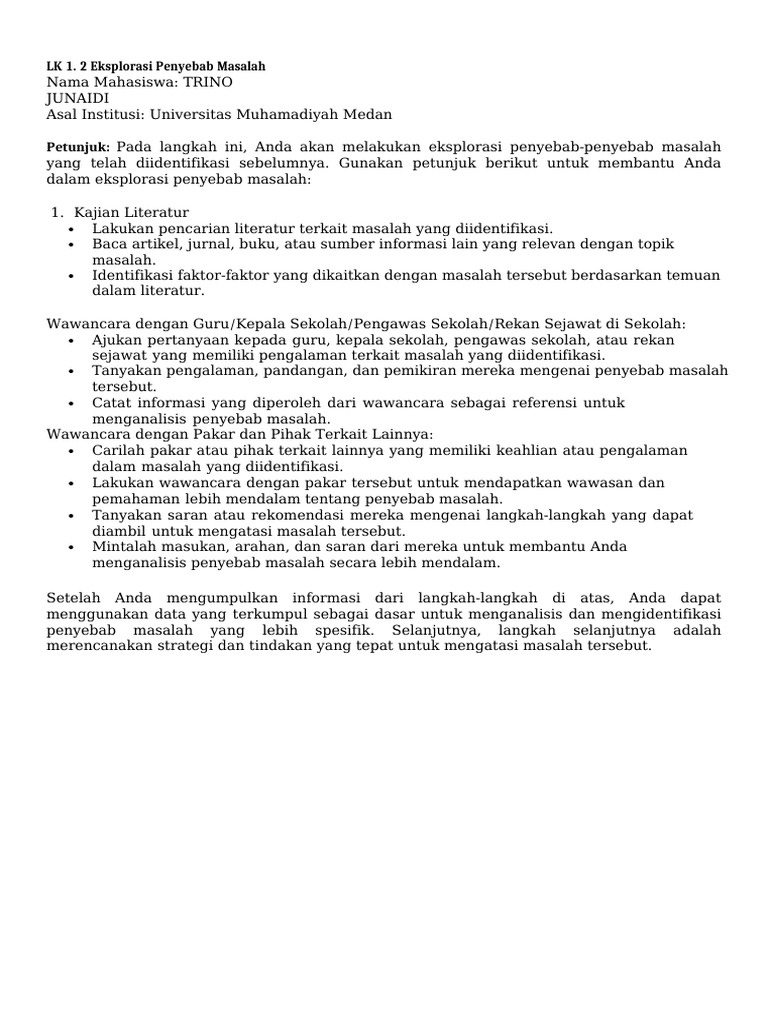 LK 1.2 Eksplorasi Penyebab Masalah 2 TRINO JUNAIDI | PDF