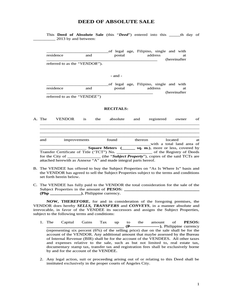 Badong - Deed of Absolute Sale | PDF | Taxes | Deed