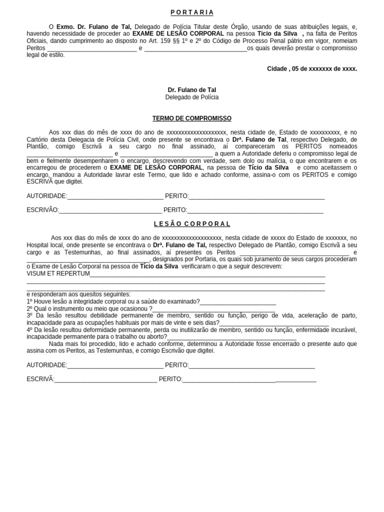 Exame de Lesão Corporal: Portaria e Termo | PDF | Lesão corporal (crime ...