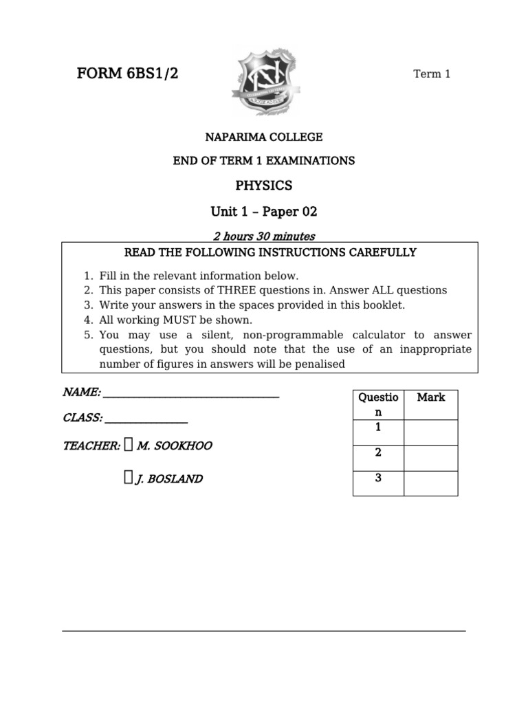 Cover Sheet U2 Physics P2 | PDF | Electronvolt | Mass