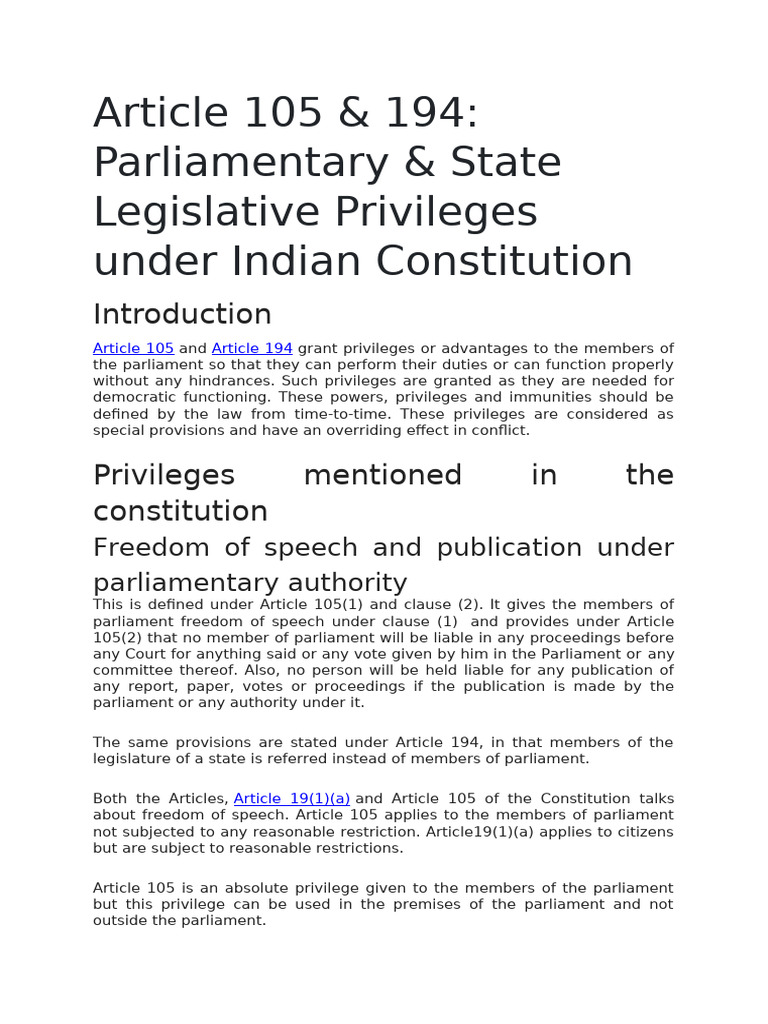 Legislative Privileges: Articles 105 & 194 | PDF | Common Law ...