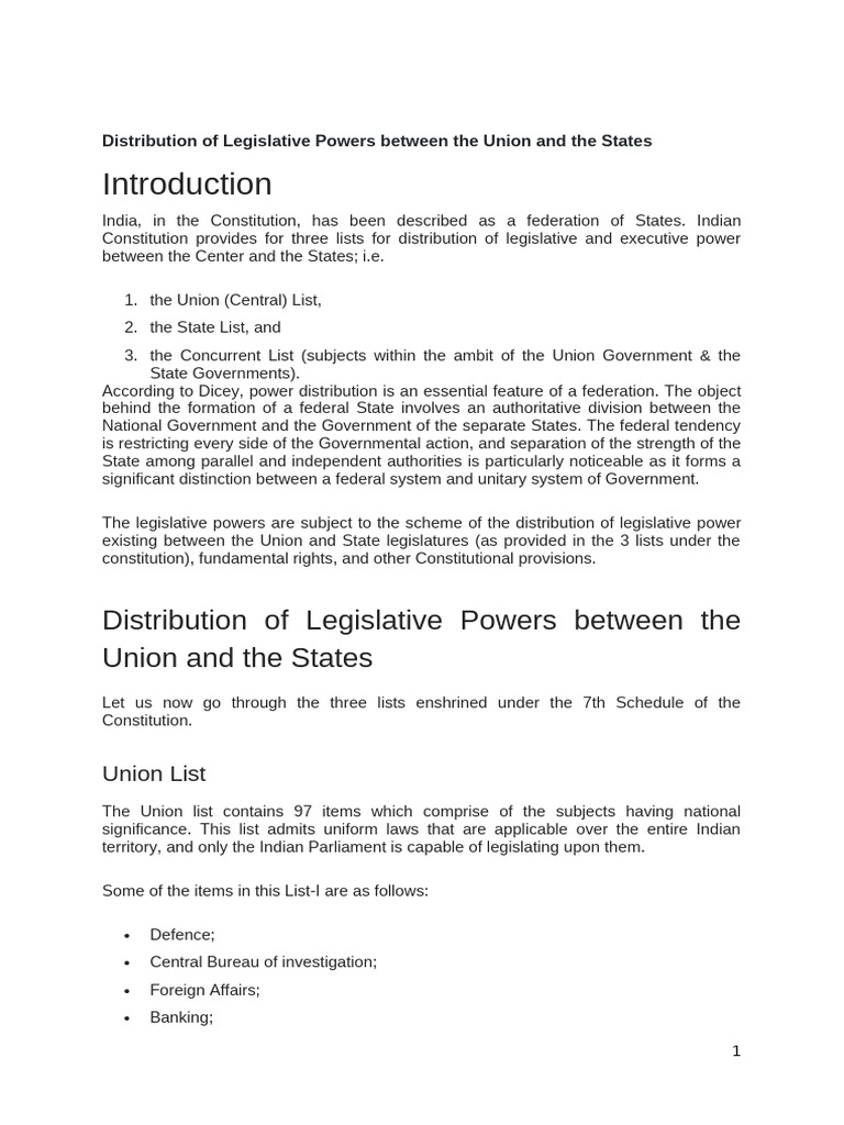 Distribution of Legislative Powers Between The Union and The States ...