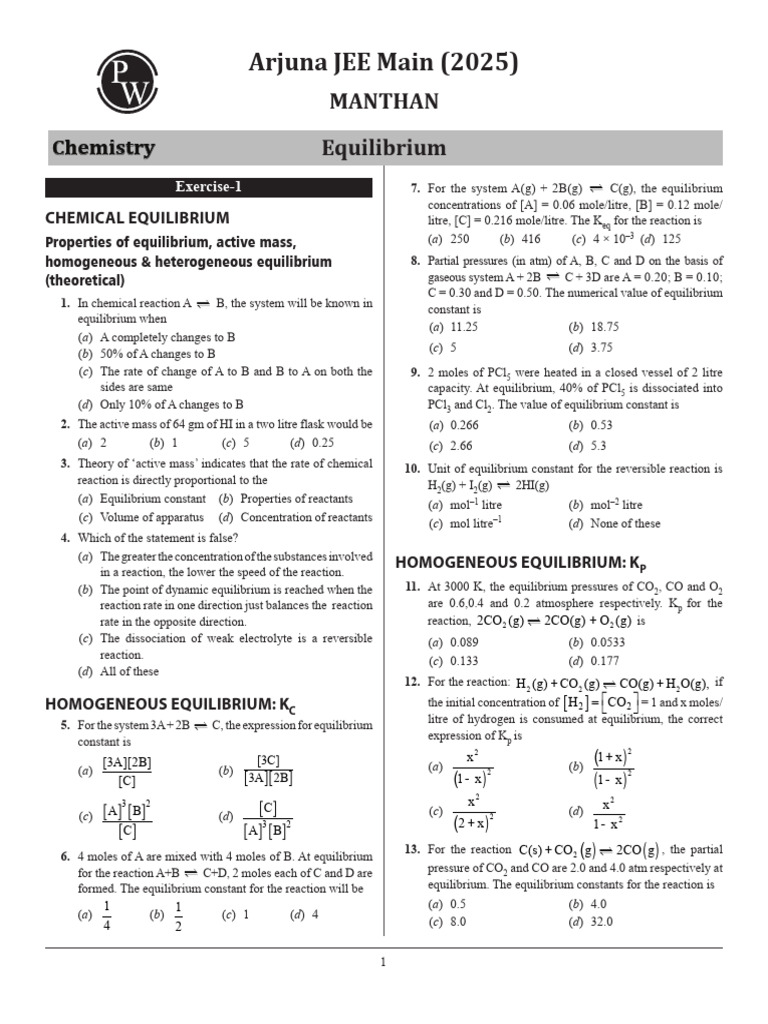 Equilibrium - JEE Main Practice Sheet | PDF | Chemical Equilibrium ...
