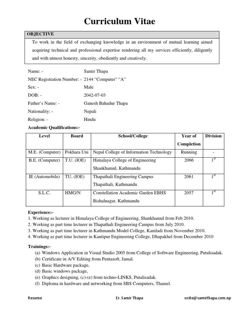 Samir Thapa's Engineering Resume | PDF | Career & Growth | Art