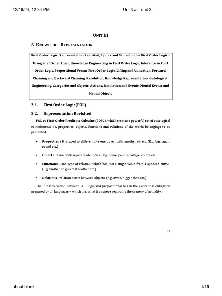 Unit3 ai - unit 3 | PDF | First Order Logic | Knowledge Representation And Reasoning
