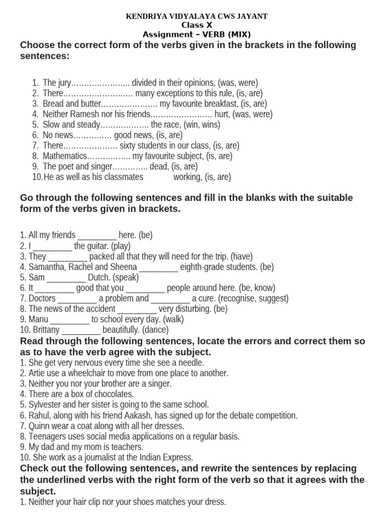 Subject Verb Concord Assignment Class 10 | PDF | Television Series ...