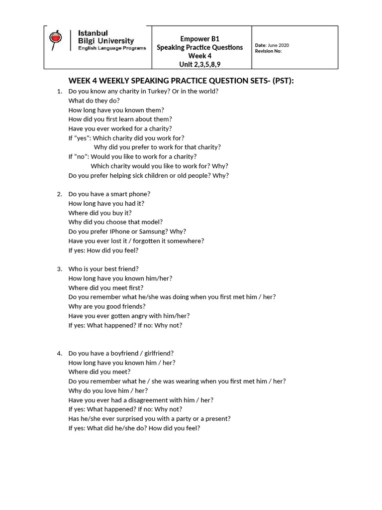 Week4 - Speaking Practice Question Sets - TO BE USED FOR PST EXAM | PDF