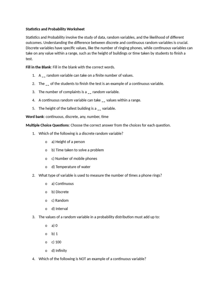Statistics and Probability Worksheet | PDF | Probability Distribution | Random Variable