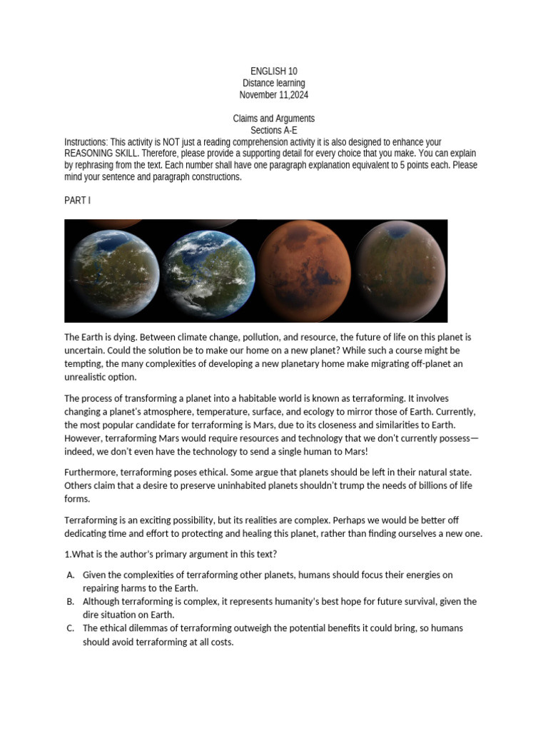 English 10. November Distance Learning Activity | PDF | Earth Sciences