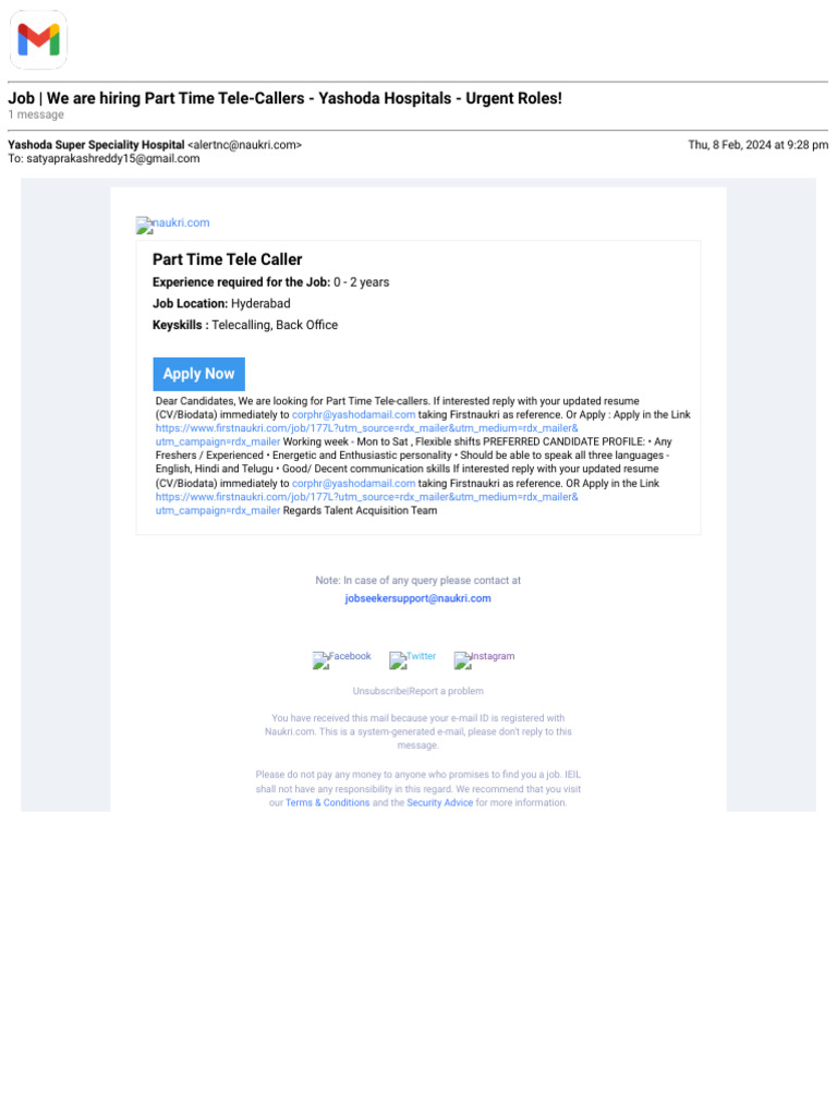 Gmail - Job - We Are Hiring Part Time Tele-Callers - Yashoda Hospitals ...