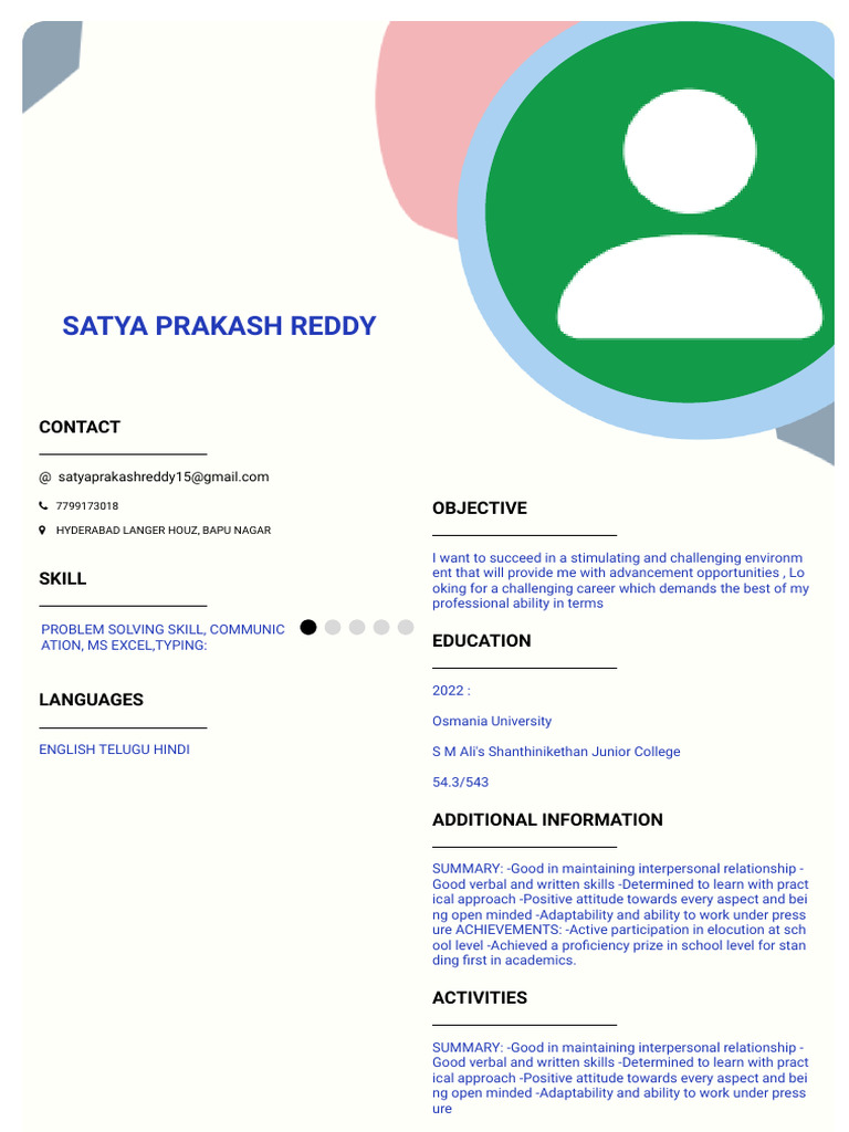 Resume of Satya Prakash Reddy | PDF