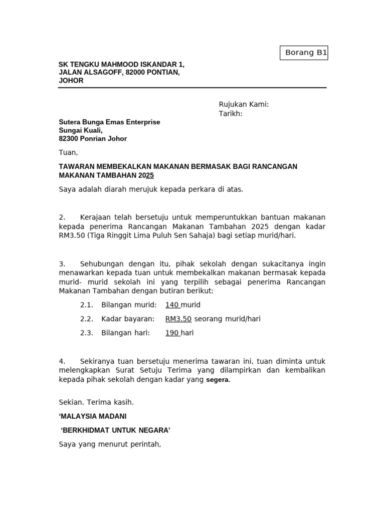 Pdfcoffee.com b1 Surat Tawaran Pembekal Rmt PDF Free | PDF