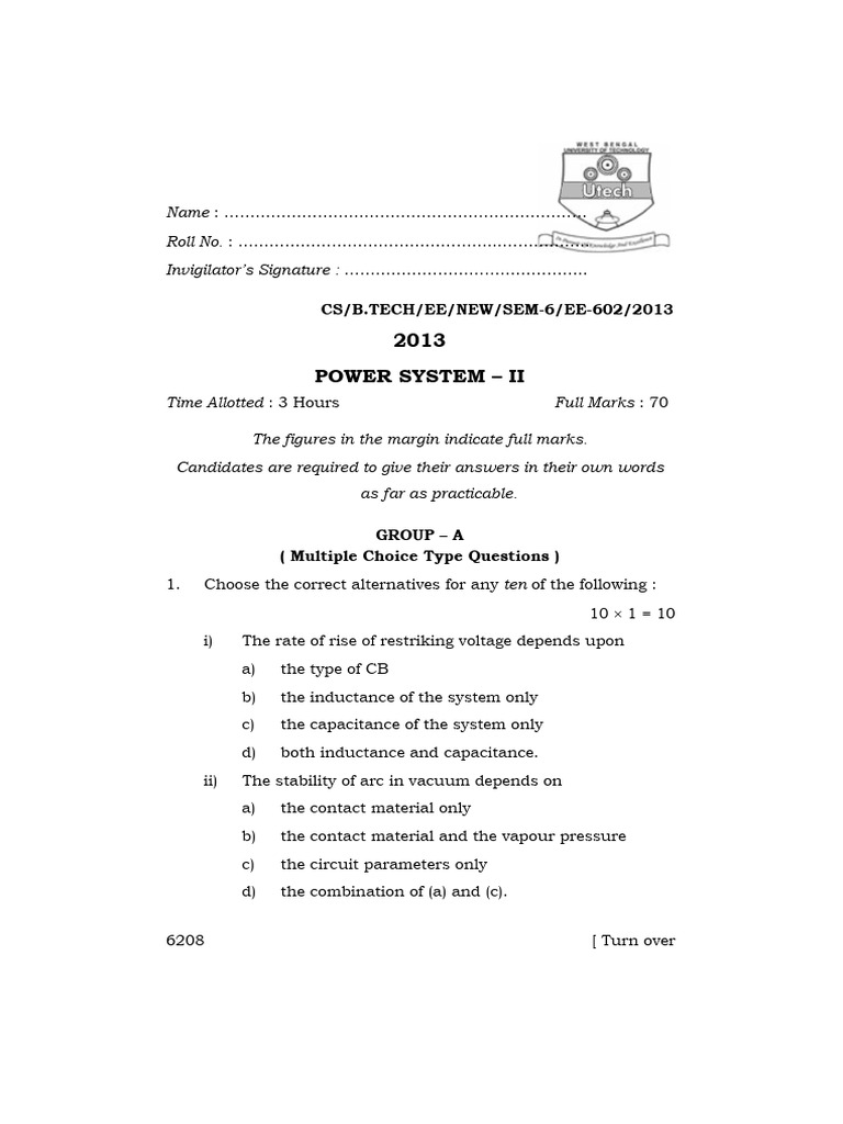 Btech Ee 6 Sem Power System 2 2013 | PDF | Manufactured Goods | Electrical Equipment