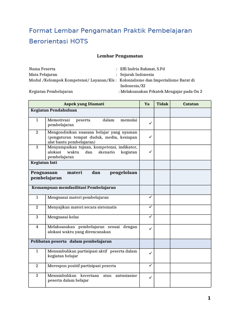 Lembar Pengamatan Praktik Pembelajaran Berorientasi HOTS Unit 1 | PDF