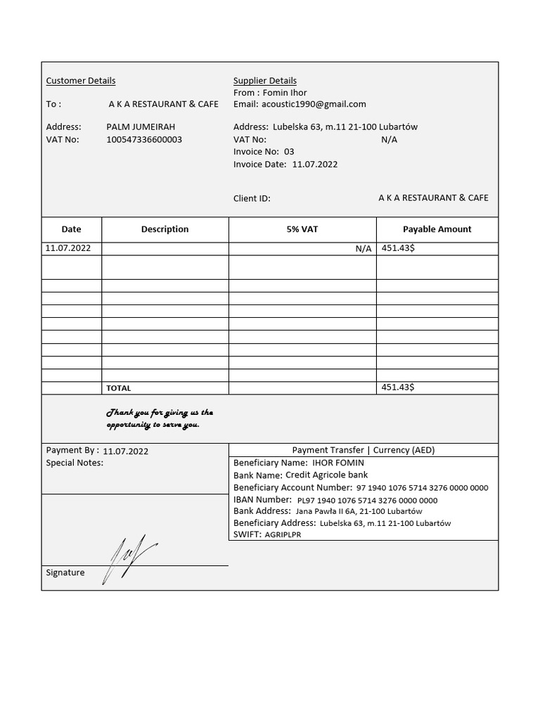Invoice for A K A Restaurant & Cafe | PDF