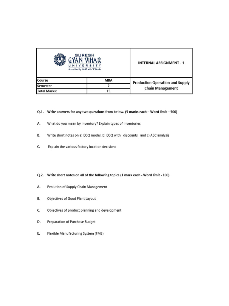 MBA Production & SCM Assignments | PDF