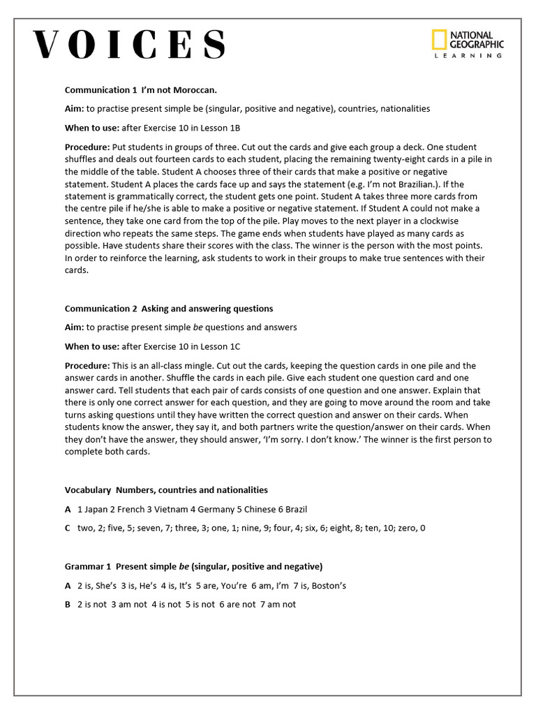 Voices Beginner Unit 1 Worksheets Notes and Answer Key | PDF | Question ...