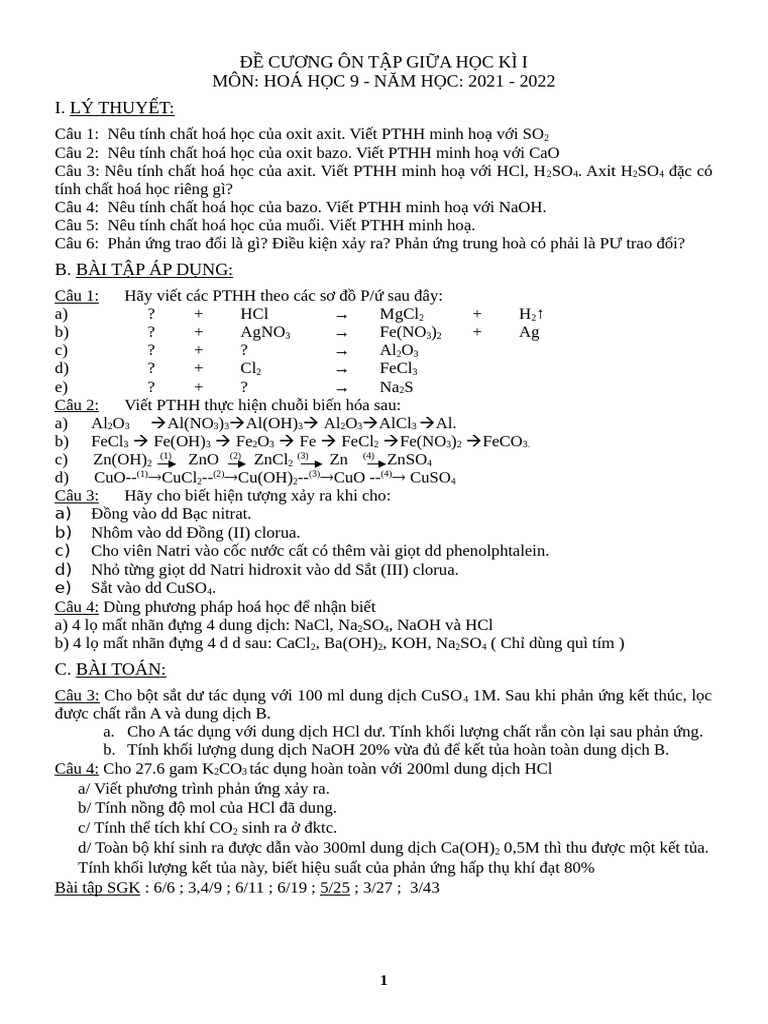 De cuong on tap kiem tra GIƯA HK1 Hoa 9 21-22 | PDF
