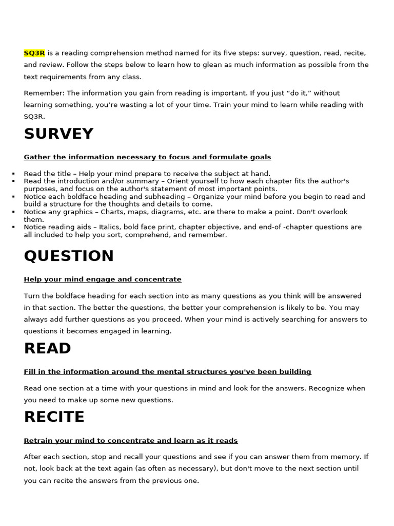 SQ3R Is A Reading Comprehension Method Named For I | PDF | Reading ...