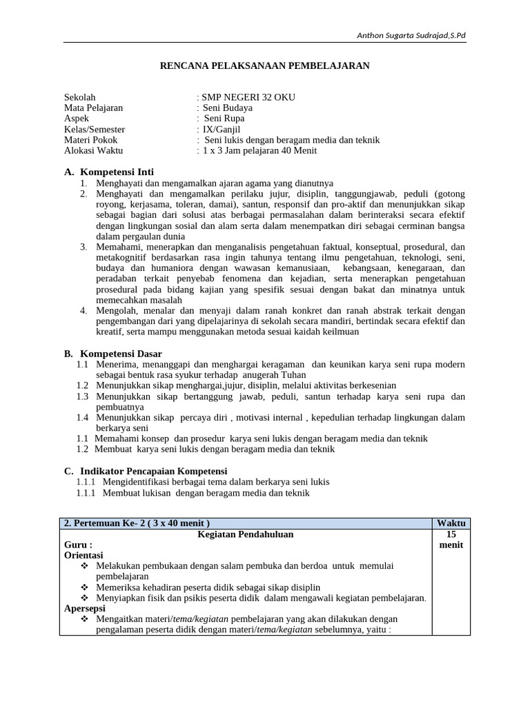 RPP 1 Seni rupa kls 9 - Opservasi | PDF