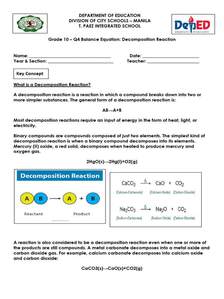 Quijanoregino v. Worksheet Decomposition Reaction 1 | PDF | Oxide ...