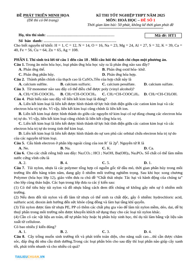 ĐỀ VIP 1 PHÁT TRIỂN ĐỀ MINH HỌA BGD NĂM 2025 MÔN HÓA HỌC HT1 - xyDJeZPw9U | PDF