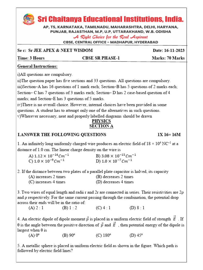 Cbse SR Jee Apex & Neet Wisdom Physics Phase-1 QP | PDF | Magnetic ...