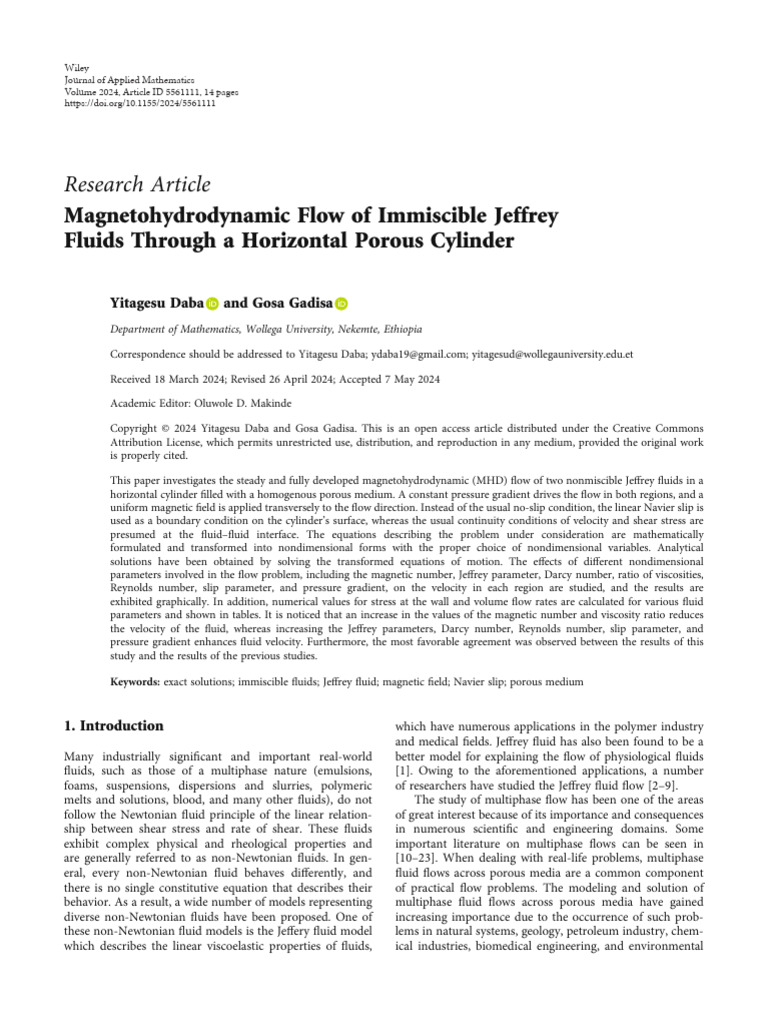 Magnetohydrodynamic Flow of Immiscible Jeffrey Flu | PDF | Fluid Dynamics | Shear Stress