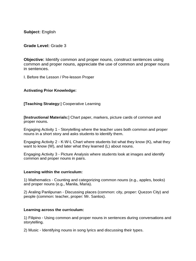 Lesson - Plan Common and Proper Noun | PDF | Noun | Learning