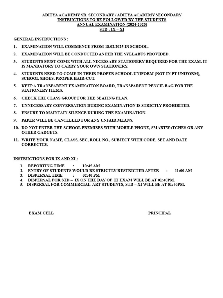 Aditya Academy Exam Instructions 2024-25 | PDF
