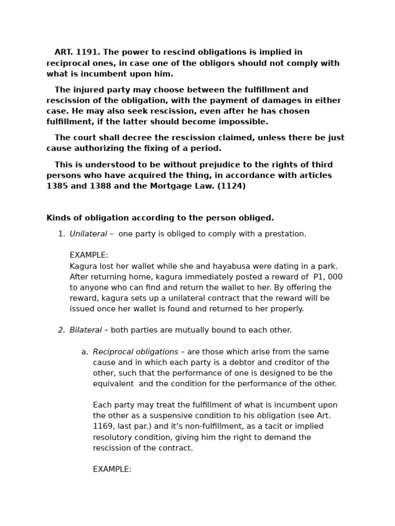 Art.1191-1200 - The Law On Obligations and Contract | PDF | Guarantee ...