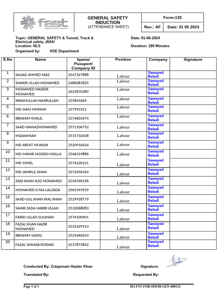 Form-132-Safety Induction Attendance Sheet - 02 - Copy (2) | PDF