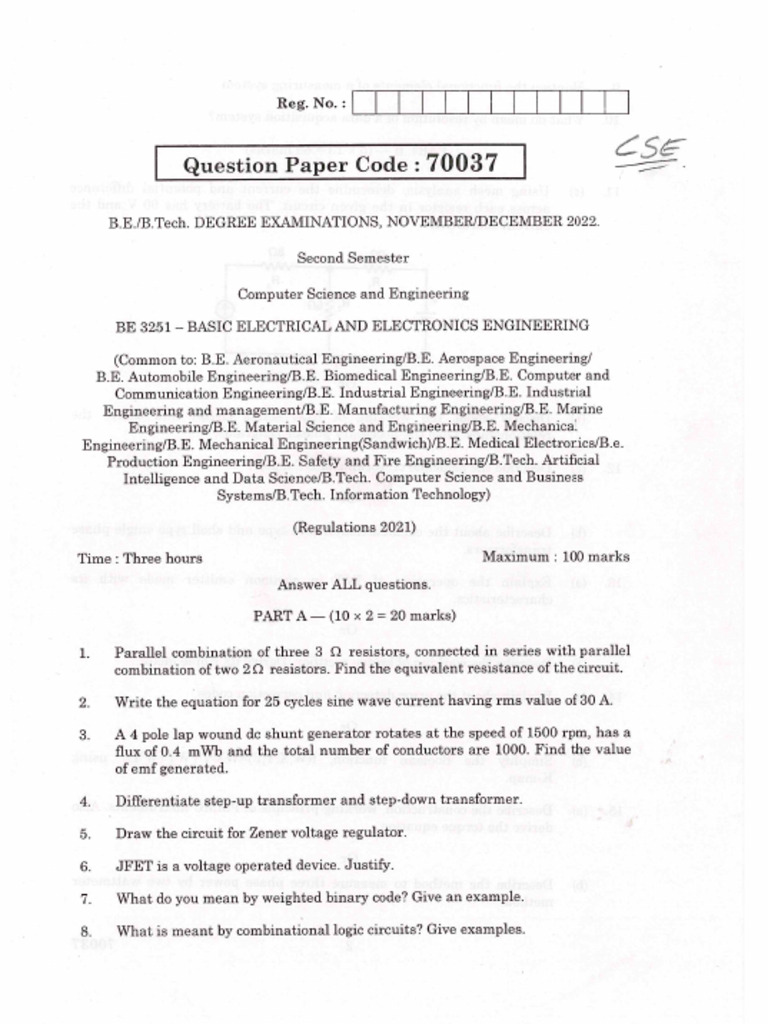 CSE-ND-2022-BE 3251-Basic Electrical and Electronics Engineering-101847542-ND22CS (1) | PDF