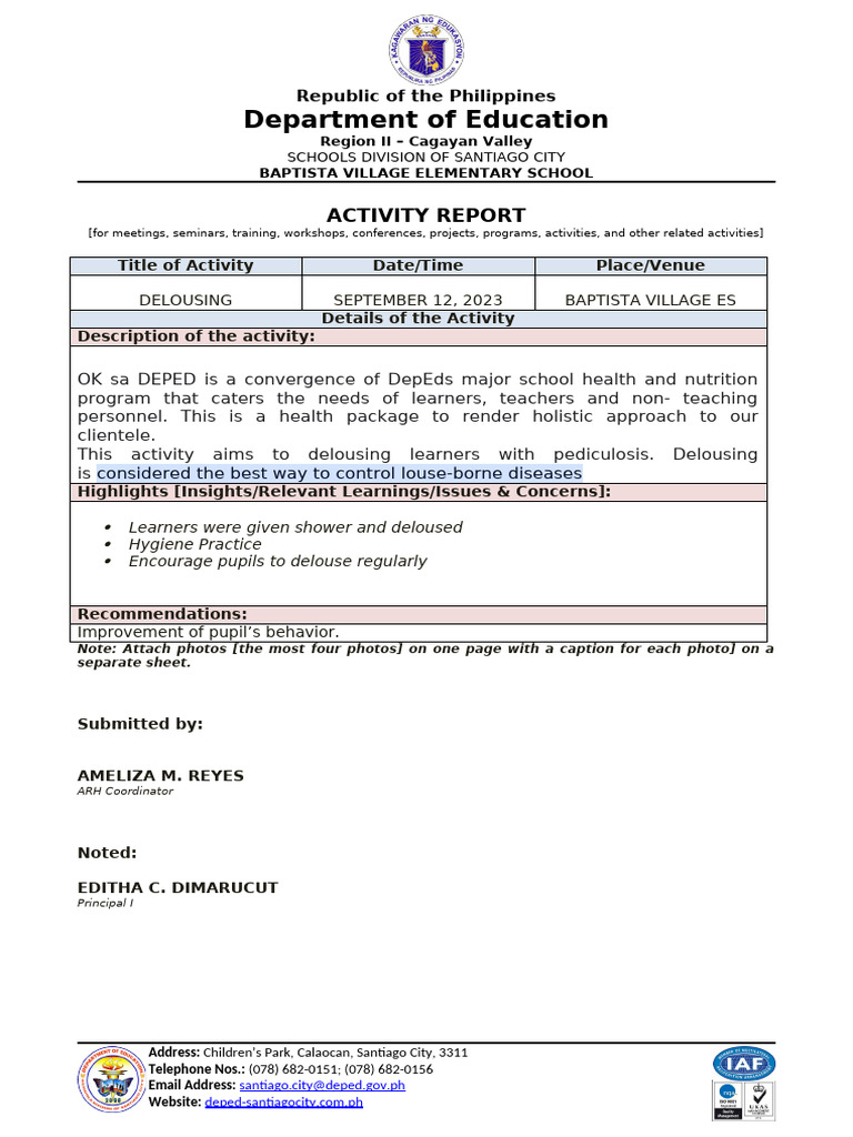 Delousing Activity Report at Baptista Village | PDF