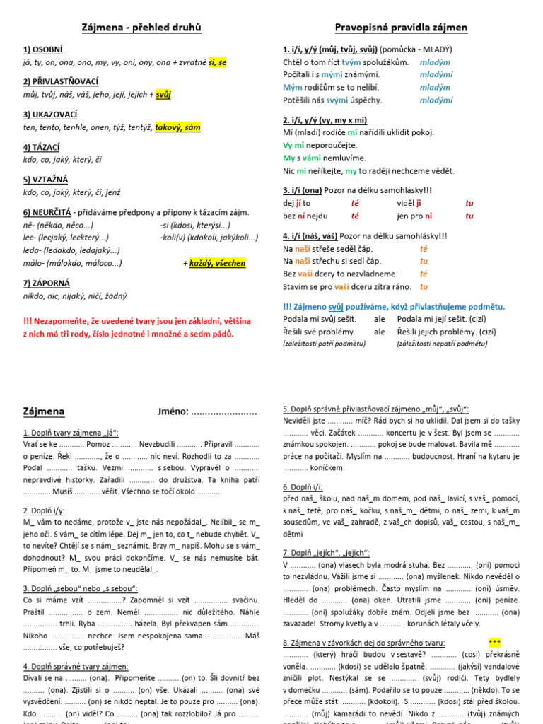 Zajmena - Procvicovani | PDF