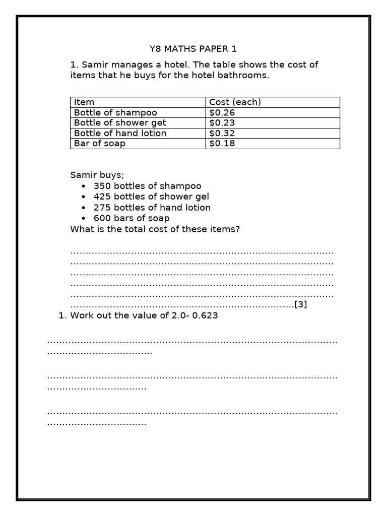 Y8 Maths Paper 1 Practice Questions | PDF | Length | Area