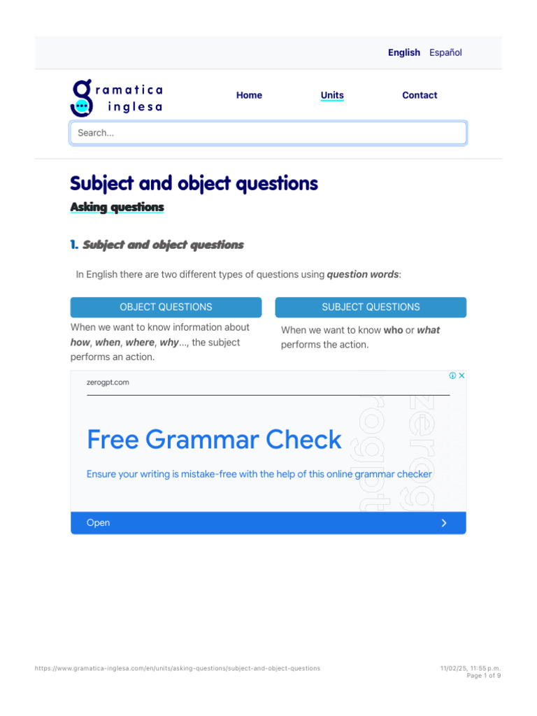 Subject and Object Questions - English Grammar | PDF | Verb | Question