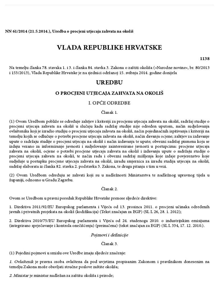 Uredba o procjeni utjecaja zahvata na okoliš | PDF