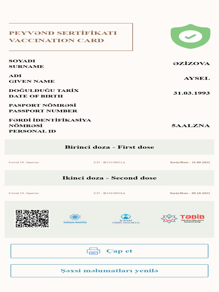 Peyv ND Sert F Kati Vaccination Card: Birinci Doza - First Dose | PDF