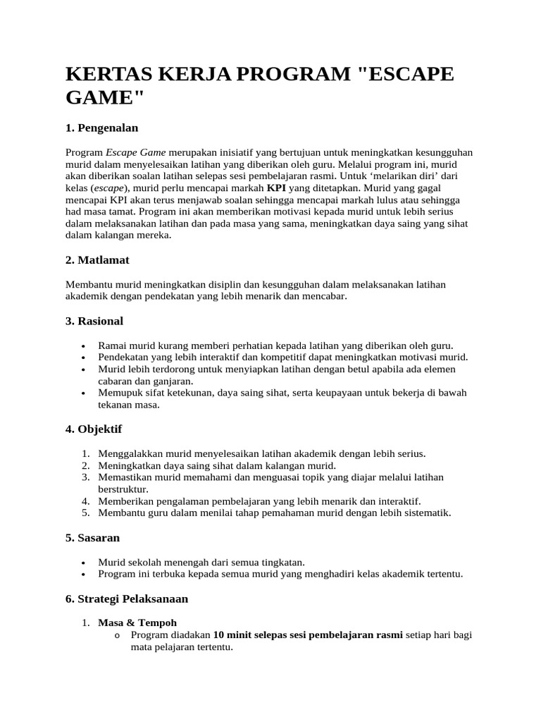 KERTAS KERJA PROGRAM ESCAPE GAME | PDF